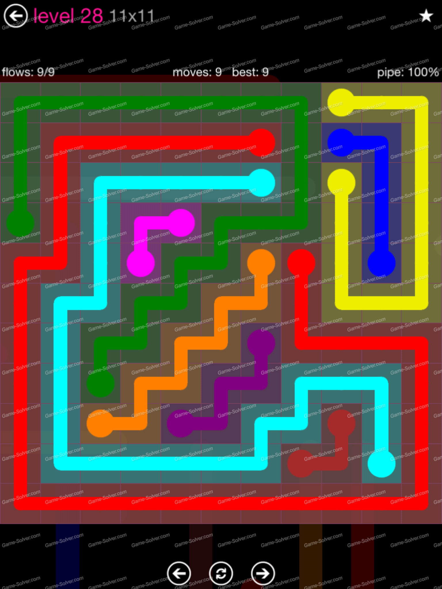 Flow Pink Pack 11x11 Level 28 • Game Solver