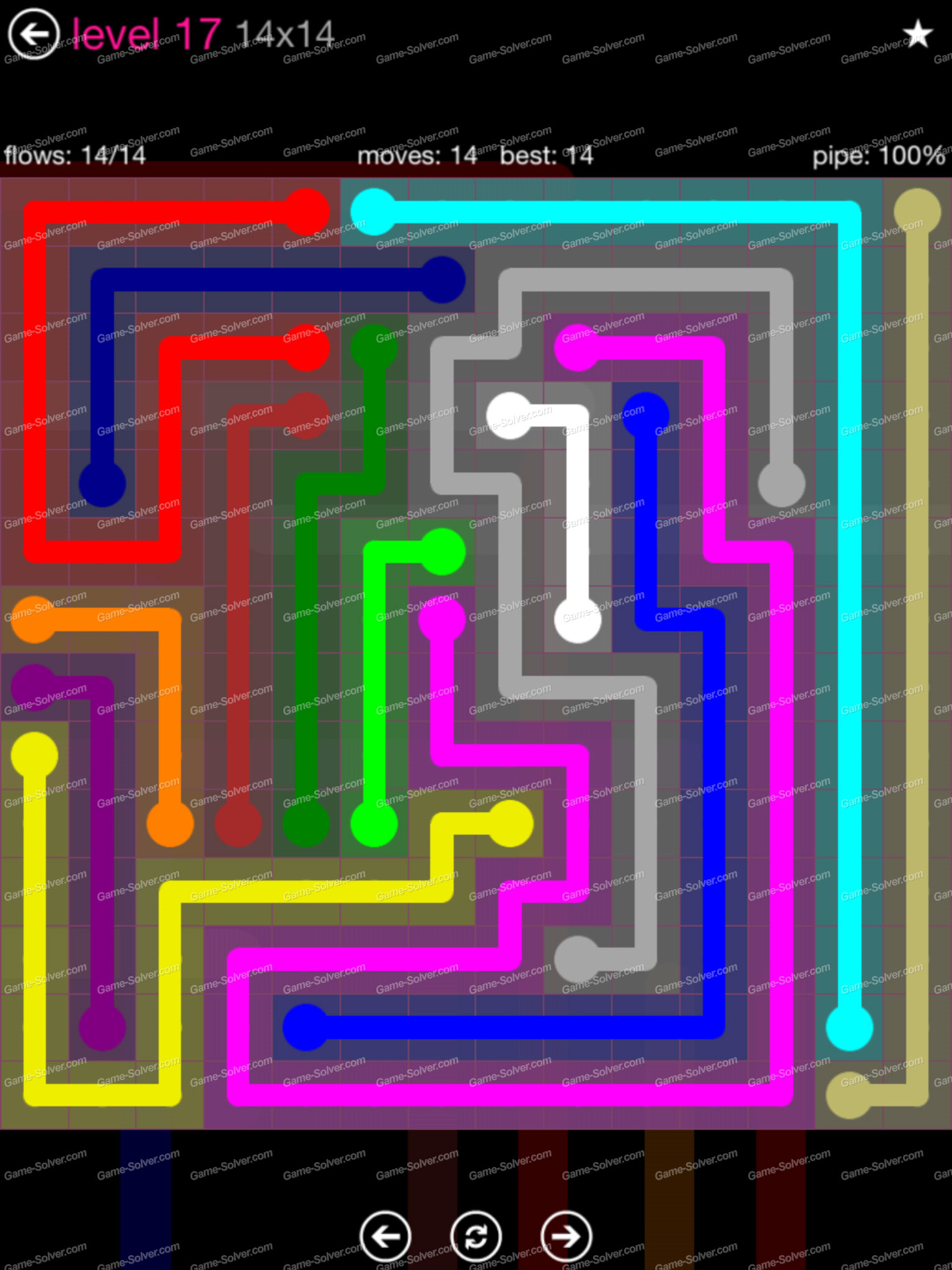 Flow Pink Pack 14x14 Level 17 • Game Solver