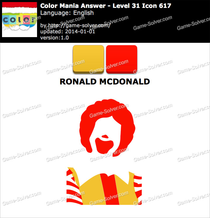 Colormania Level 31 Icon 617 RONALD MCDONALD • Game Solver