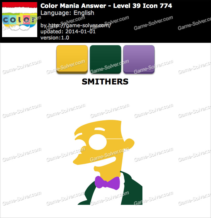 Colormania Level 39 Icon 774 SMITHERS • Game Solver