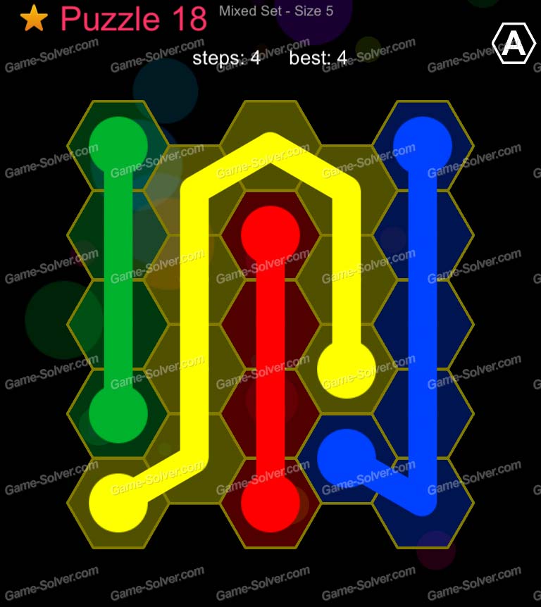 Hexic Flow Mixed Set Size 5 Puzzle 18 • Game Solver
