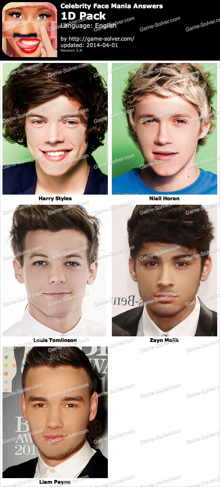 Celebrity Face Mania 1D Pack • Game Solver