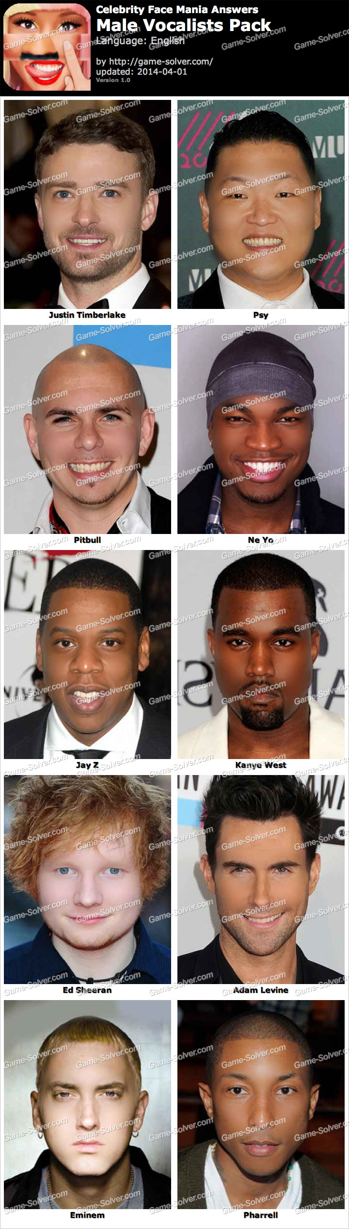 Celebrity Face Mania Male Vocalists Pack • Game Solver