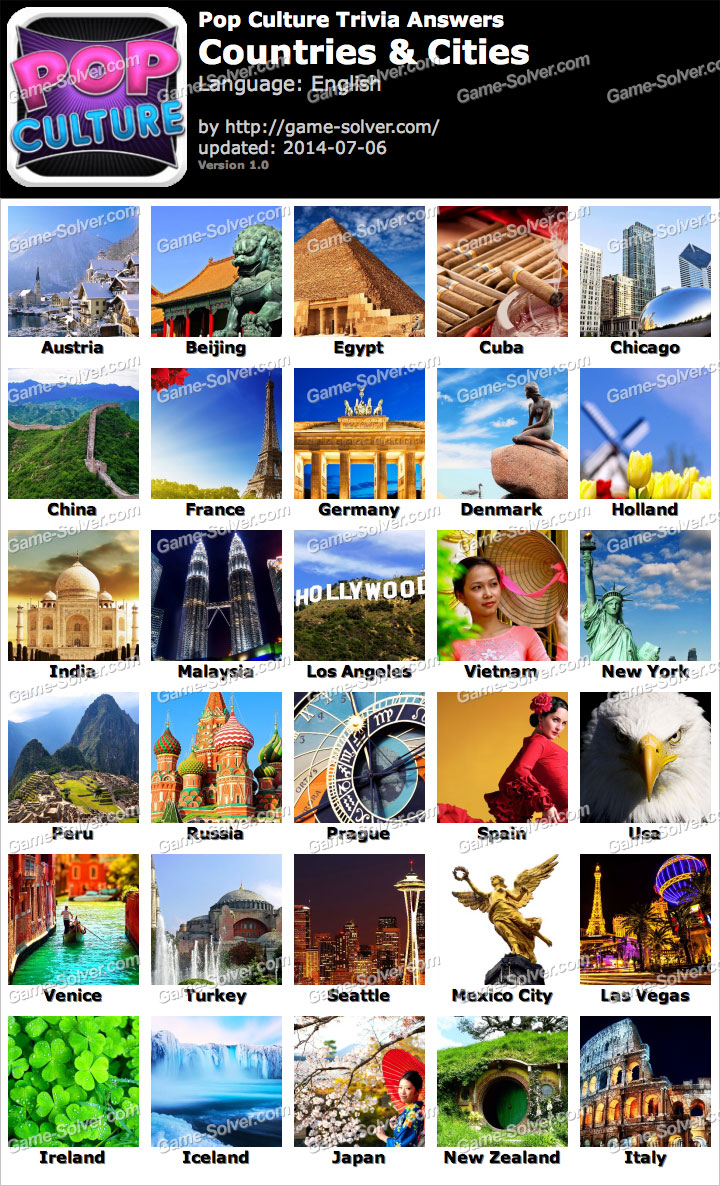 Pop Culture Trivia Countries Cities Answers • Game Solver