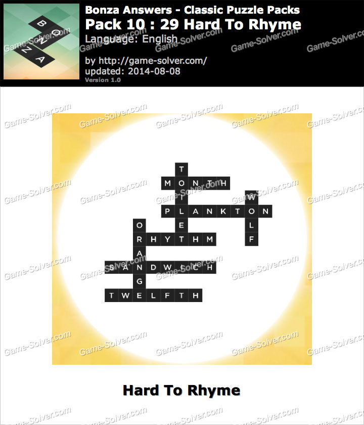 Bonza Answers Classic Puzzle Pack 10 29 Hard To Rhyme • Game Solver