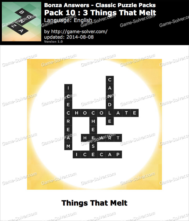 Bonza Answers Classic Puzzle Pack 10 3 Things That Melt • Game Solver