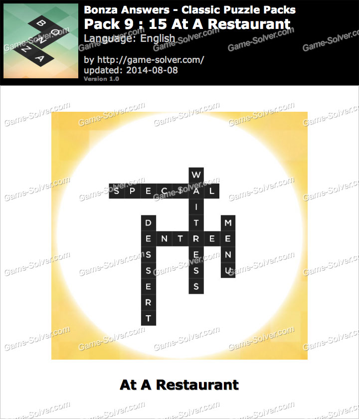Bonza Answers Classic Puzzle Pack 9 15 At A Restaurant • Game Solver