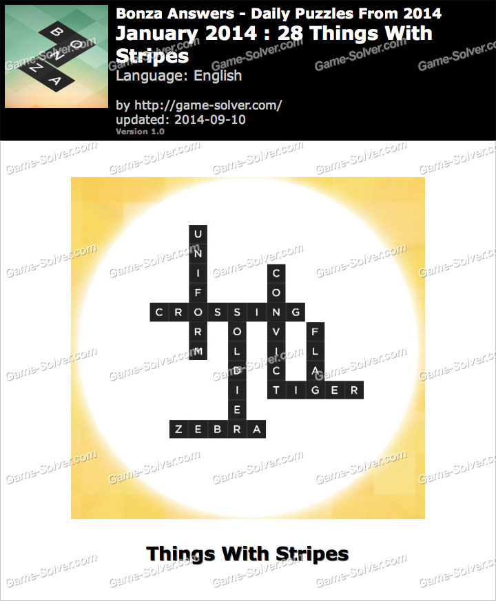 Bonza Answers January 2014 28 Things With Stripes • Game Solver