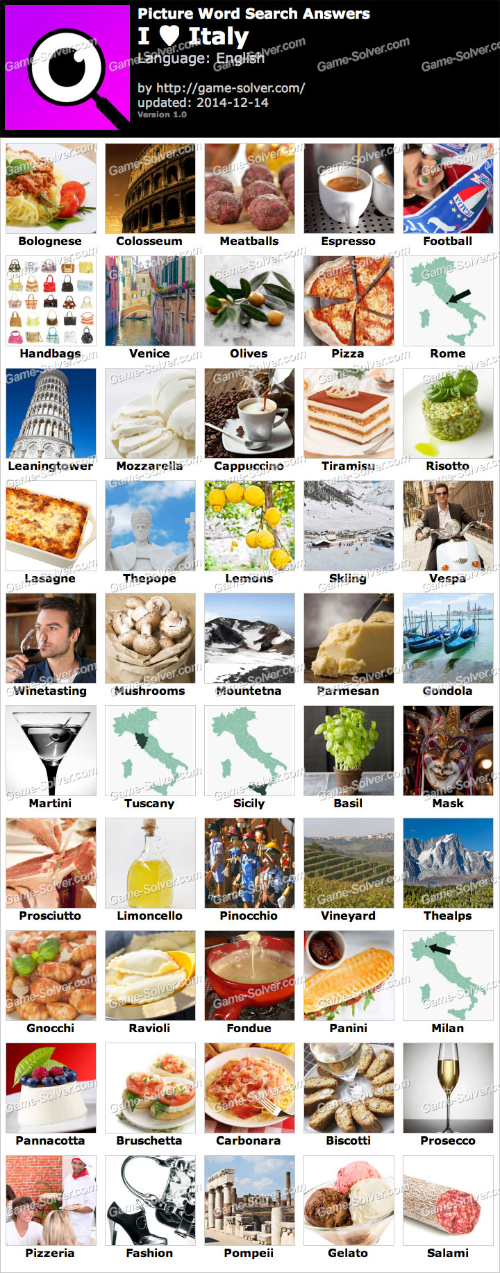 Picture Word Search I Love Italy Answers Game Solver