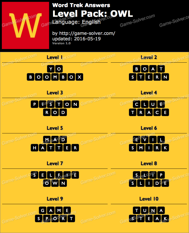 Word Trek Level Pack 18 OWL Answers • Game Solver