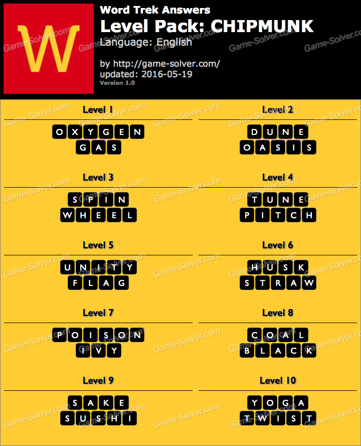 Word Trek Level Pack 19 CHIPMUNK Answers • Game Solver