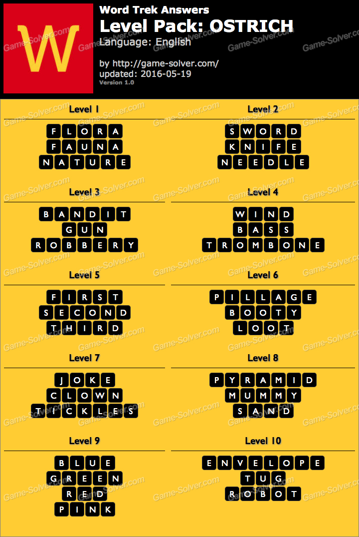 Word Trek Level Pack 26 OSTRICH Answers • Game Solver