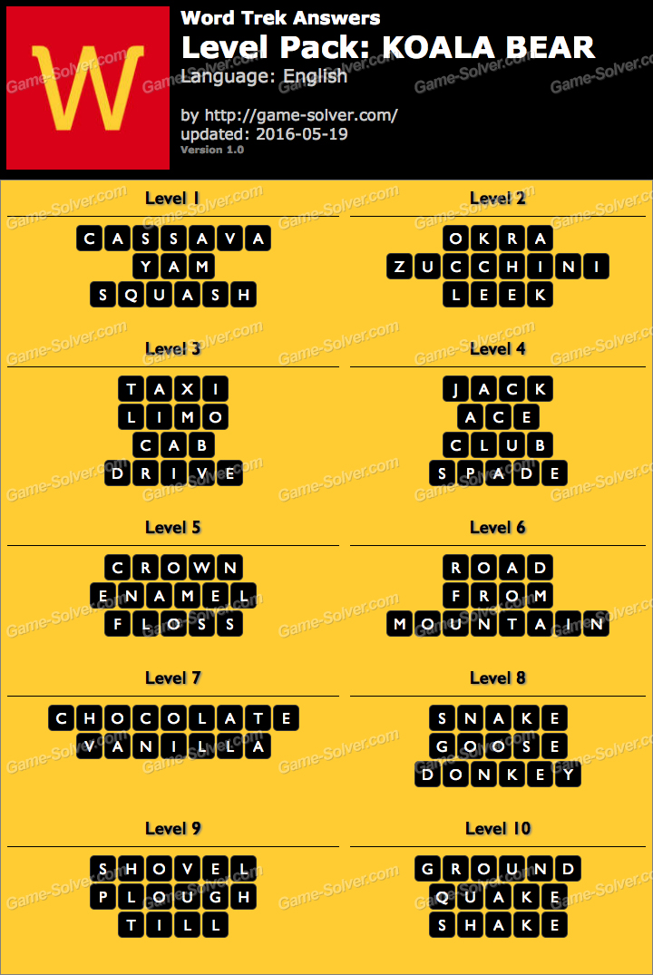 Word Trek Level Pack 27 KOALA BEAR Answers • Game Solver