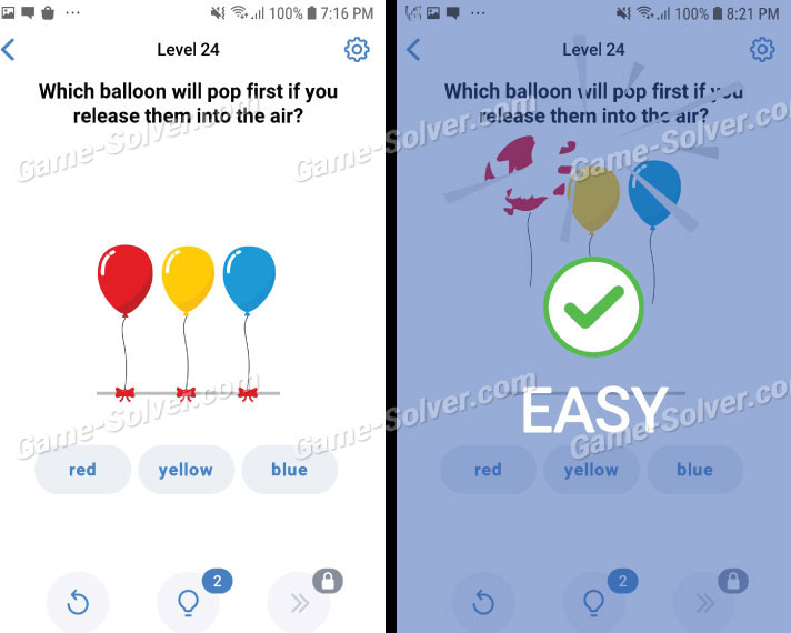 Easy Game Level 24 Which balloon will pop first if you release them ...