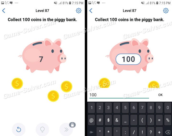 Easy Game Level 87 Collect 100 coins in the piggy bank • Game Solver